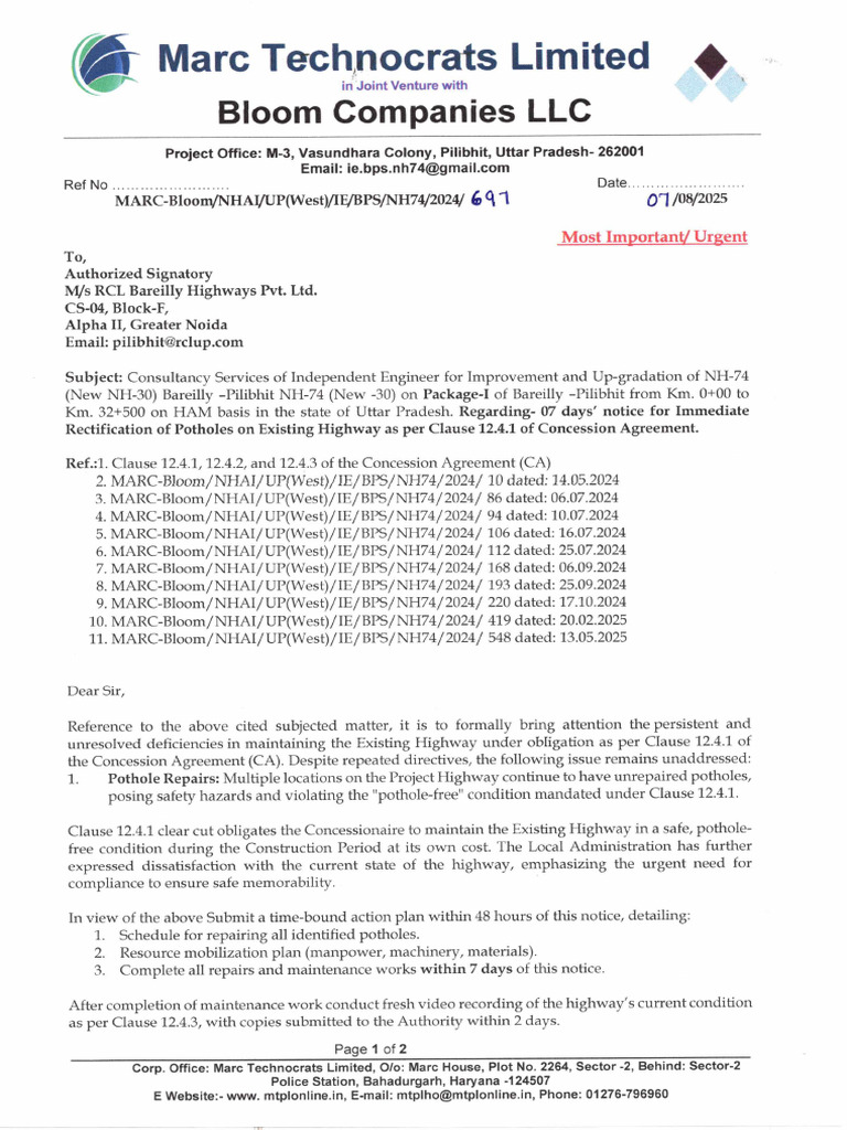 Letter No.-697 To RCL-01 Reg.-07 Days' Notice For Immediate ...