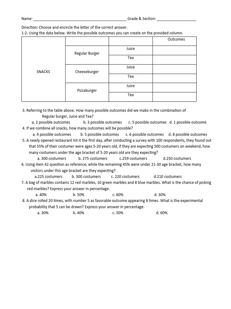 Snack Outcome and Probability Quiz | PDF | Chess Openings | Chess