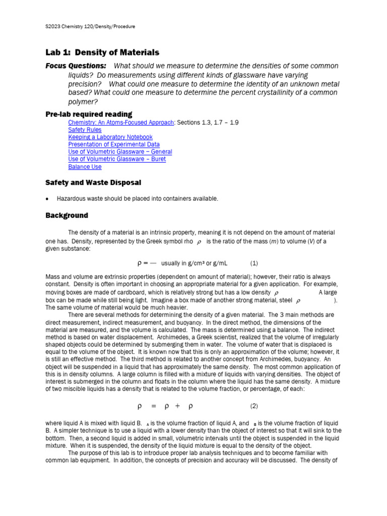 Density Measurement Lab Procedure | PDF | Density | Volume