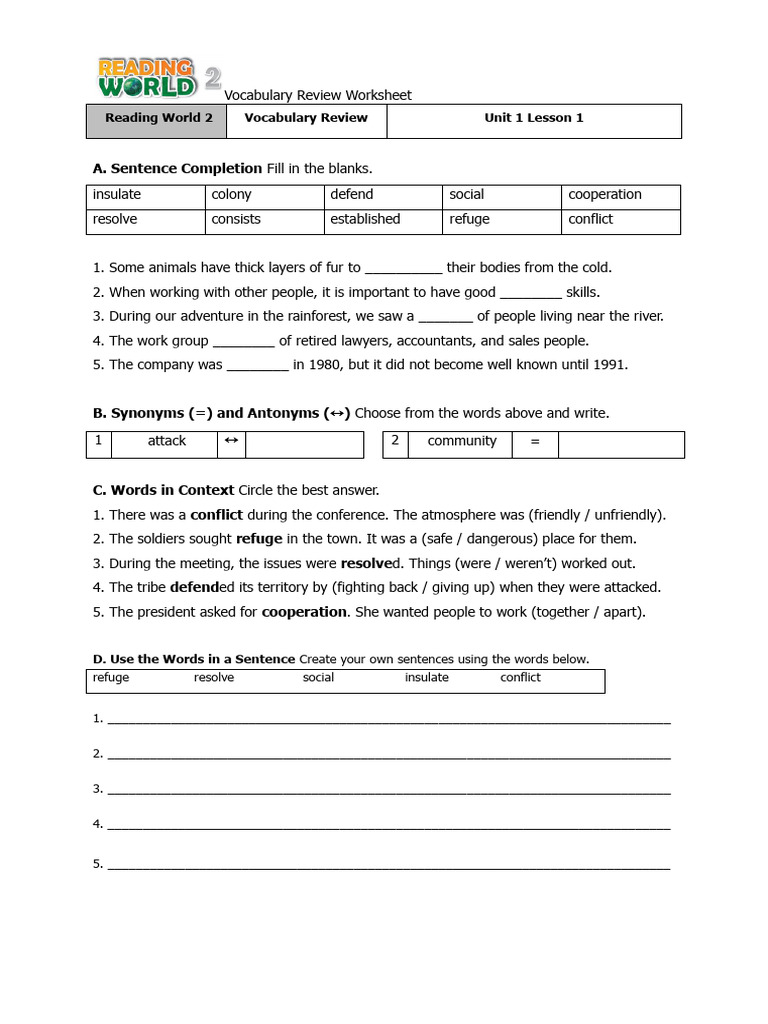 Reading World 2 - Vocab Review Worksheet | PDF | Vocabulary | Compost