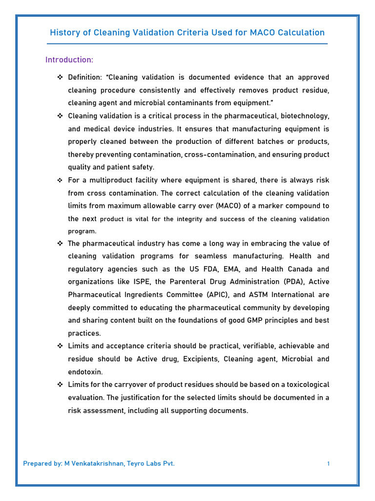 History of Cleaning Validation Criteria | PDF | Dose (Biochemistry) | Chemistry