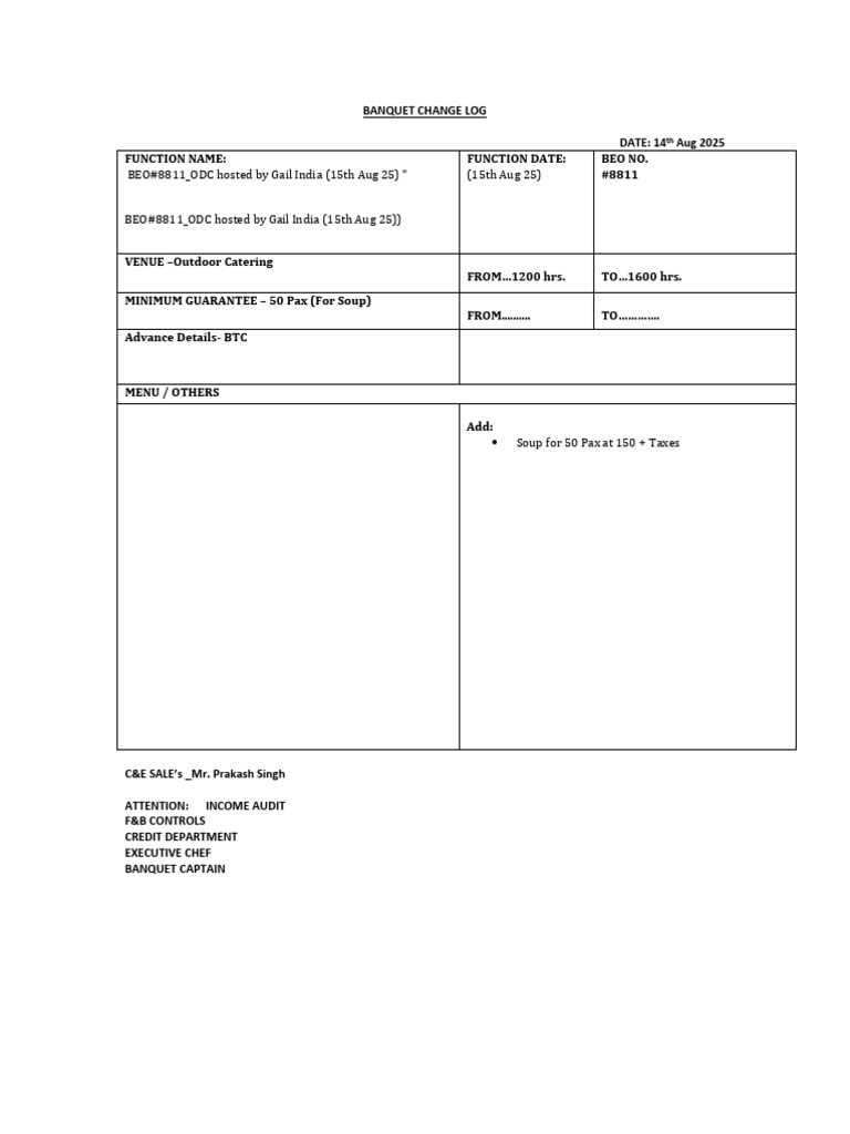Banquet Change Log for Gail India Event | PDF