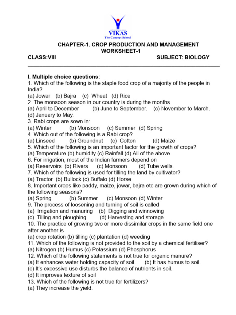 Crop Production & Management Worksheet | PDF | Soil | Fertilizer