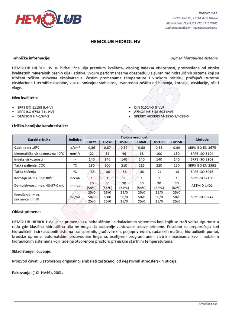 Hemolub Hidrol HV 46 Technical Sheet | PDF