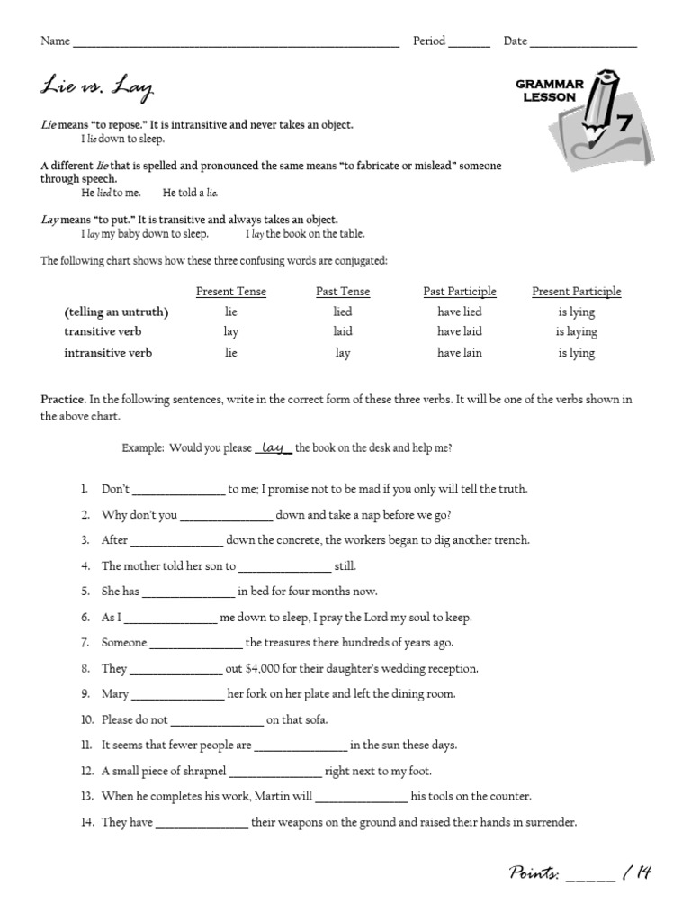 Grammar 7 - Lie vs. Lay | PDF | Verb | Grammatical Tense