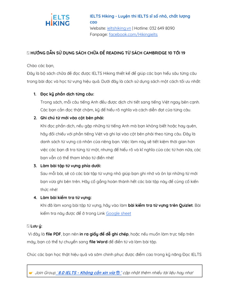 Hướng Dẫn Sử Dụng Bộ Chữa Đề Reading - Ielts Hiking | PDF