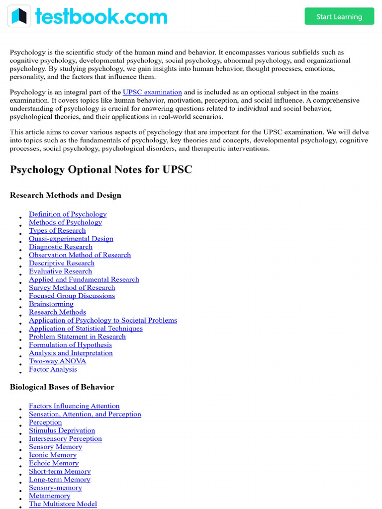 Psychology Notes For UPSC - Psychology Optional Notes UPSC | PDF