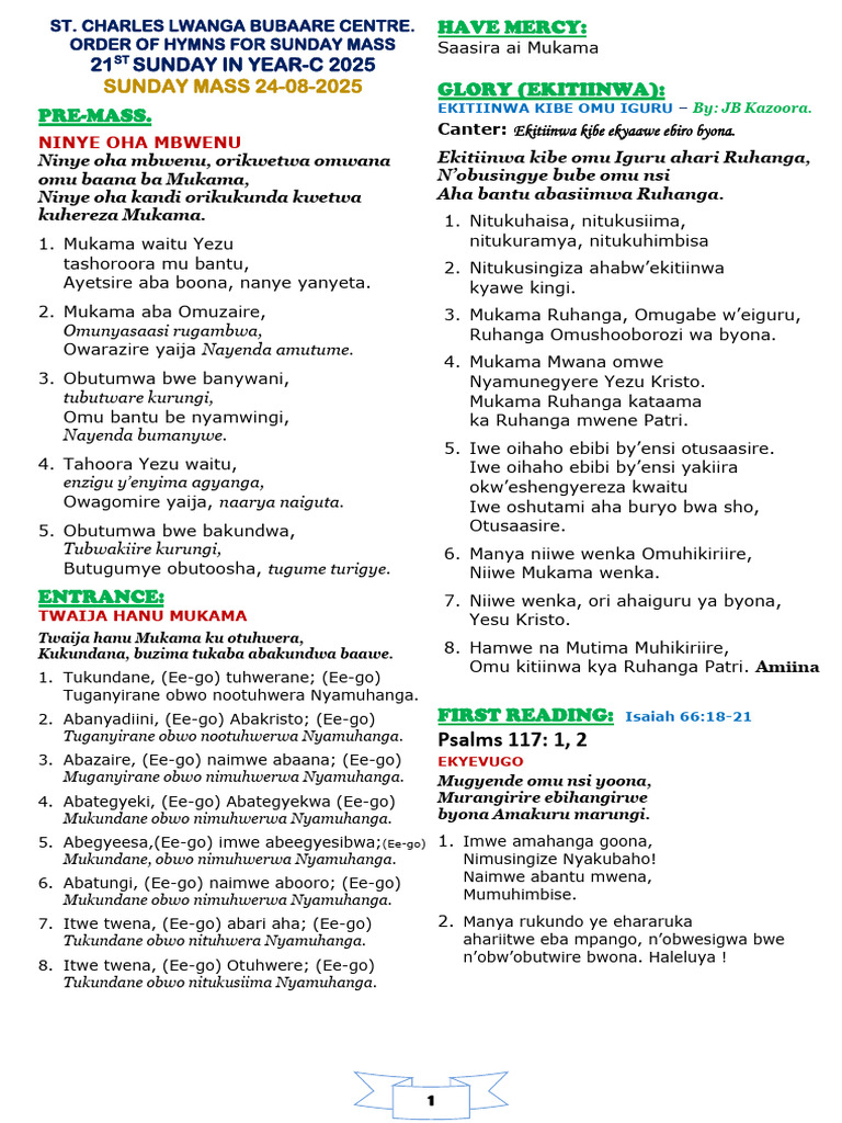 Sunday Mass Hymns - 21st Sunday Year C | PDF | Religious Belief And ...