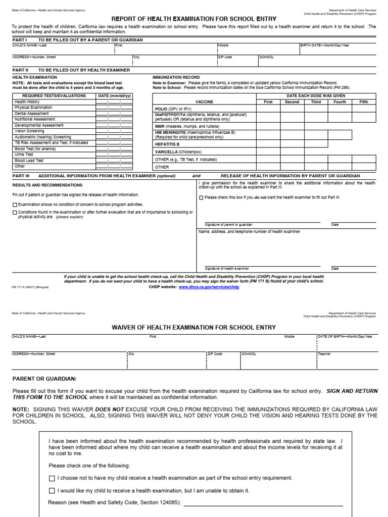 School Entry Health Examination Report | PDF | Vaccination | Immunology