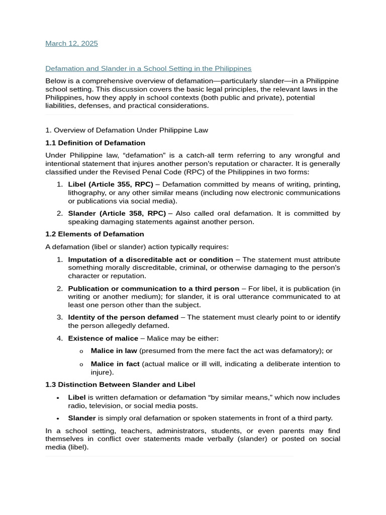 Defamation and Slander in A School Setting in The Philippines | PDF ...