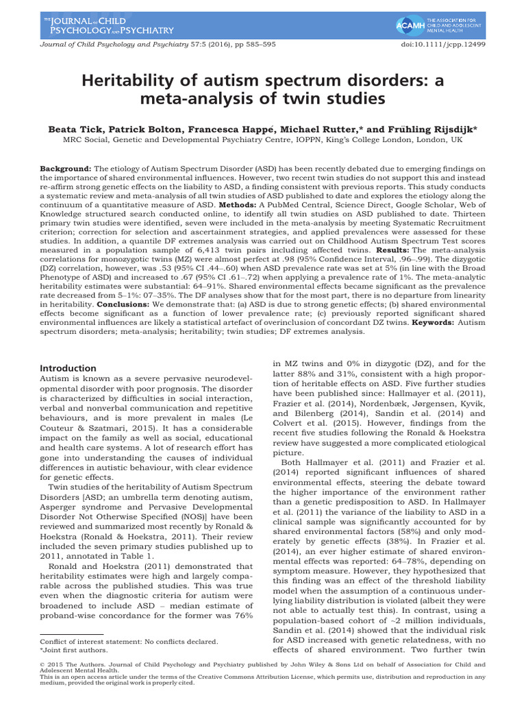 Child Psychology Psychiatry - 2016 - Tick - Heritability of Autism ...