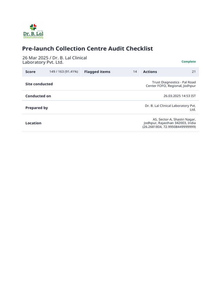 Pre-Analytical Audit Report - Trust Diagnostics, Pal Road Center ...