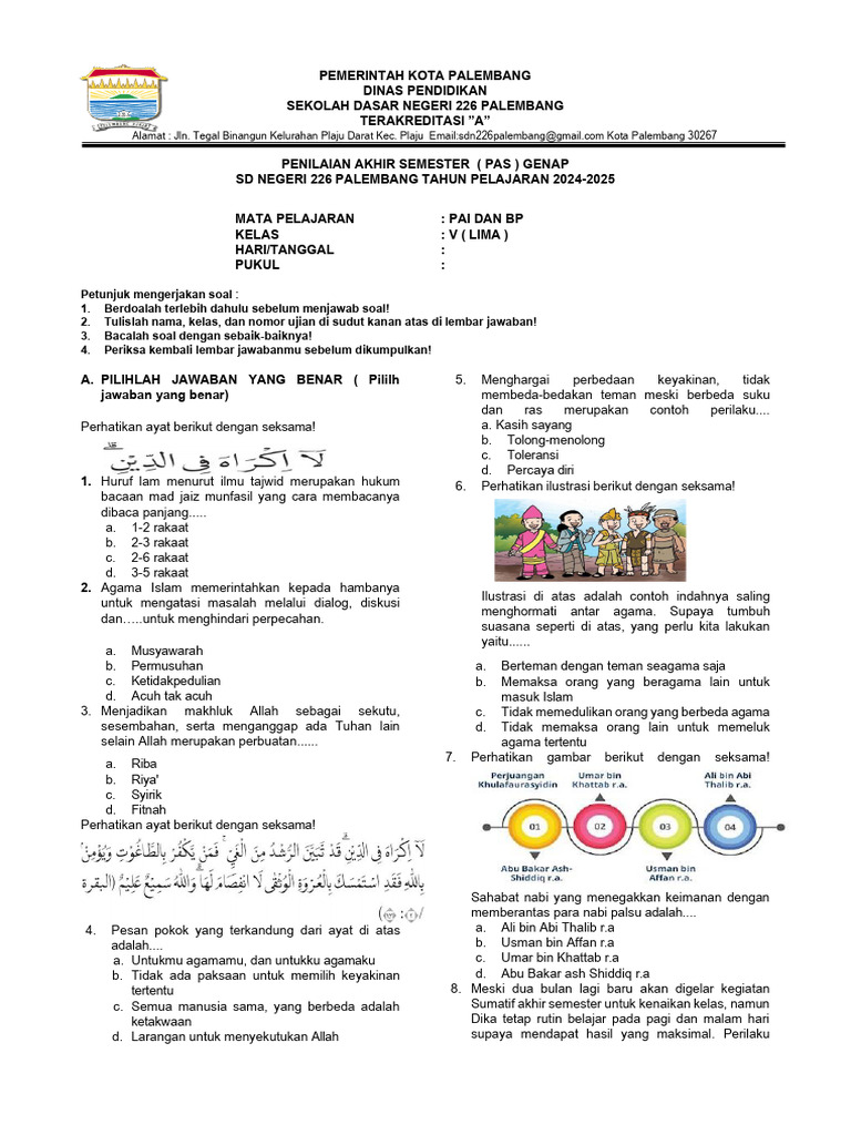 Soal Sas Pai Kelas 5 Sumatif 2025 Fix | PDF