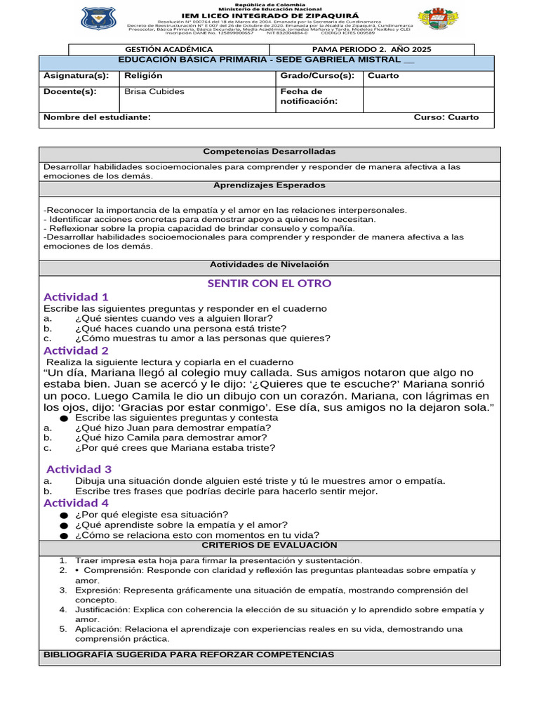 Religión. p2. Cursos 401 y 402. Lic. Brisa Cubides | PDF | Empatía | Amor
