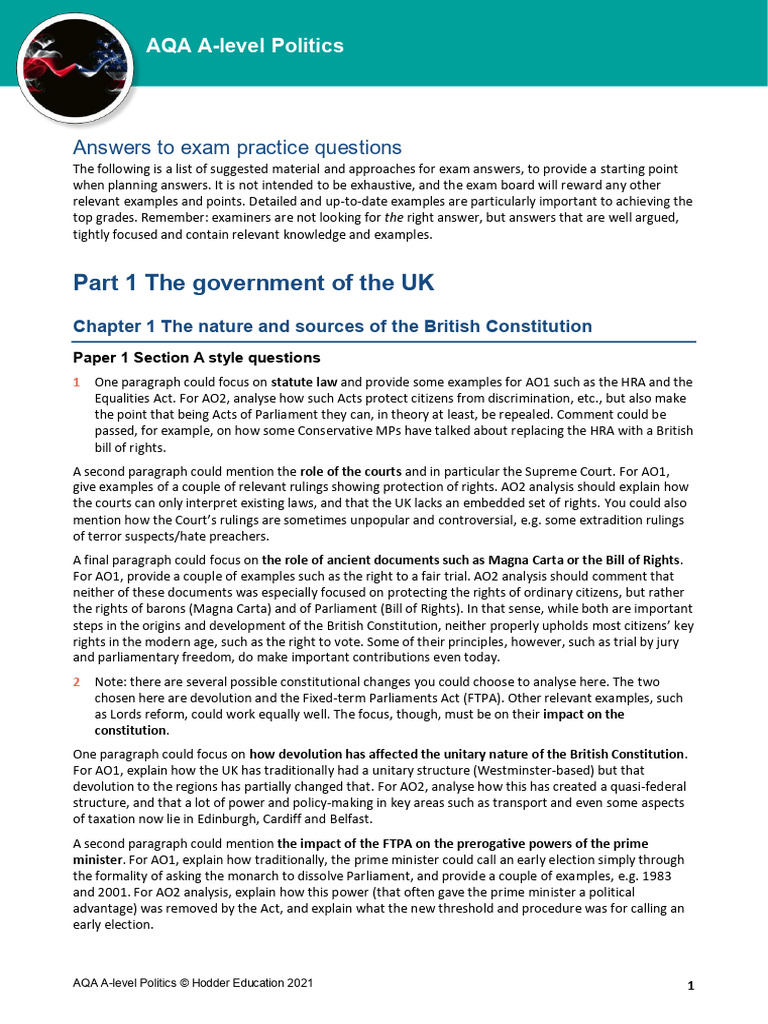 AQA A Politics Ans Ch1 | PDF | Constitution Of The United Kingdom ...
