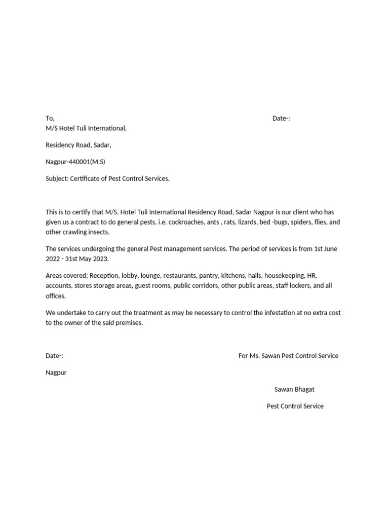 Pest Control Service Certificate for Hotel | PDF