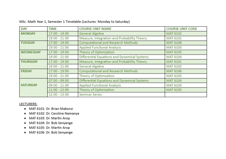 MSc Math Year 1 Semester 1 Timetable | PDF