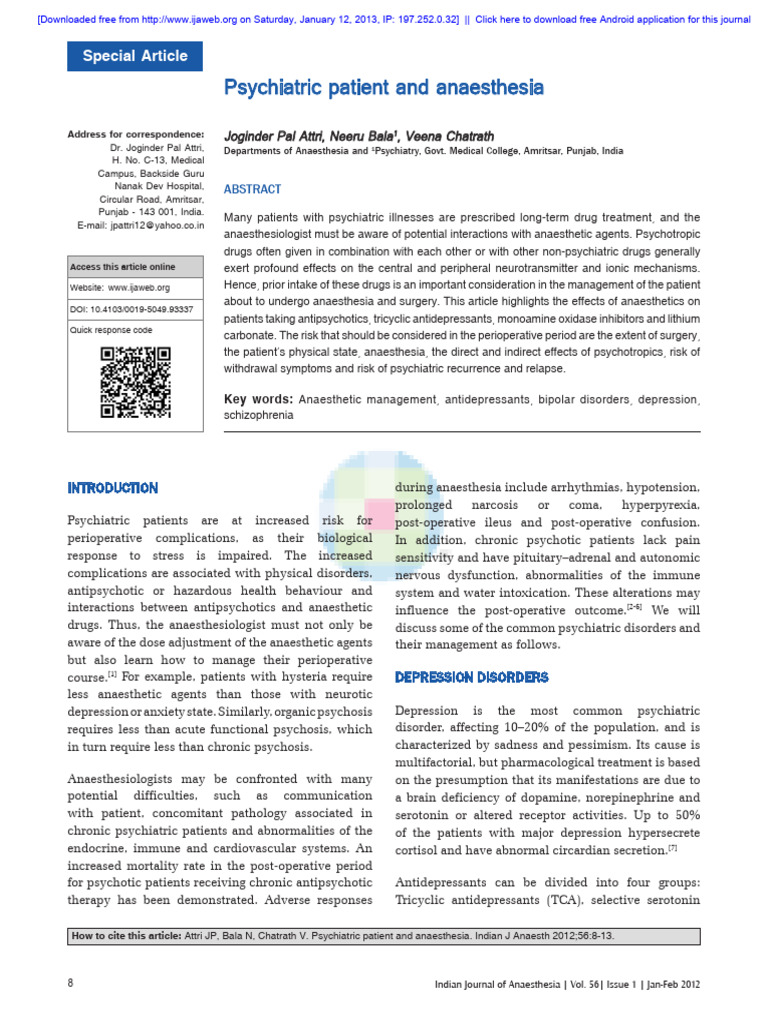 Anaesthesia Management for Psychiatric Patients | PDF | Antidepressant ...