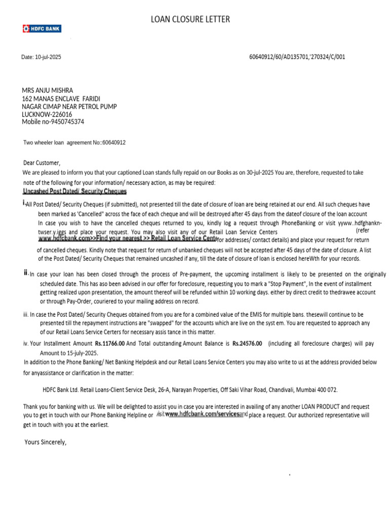 HDFC Loan Closure | PDF | Cheque | Debt