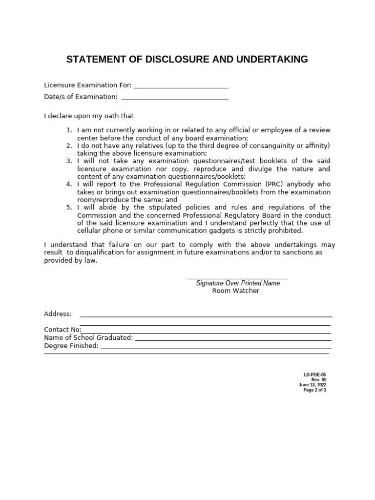 Statement of Disclosure and Undertaking | PDF
