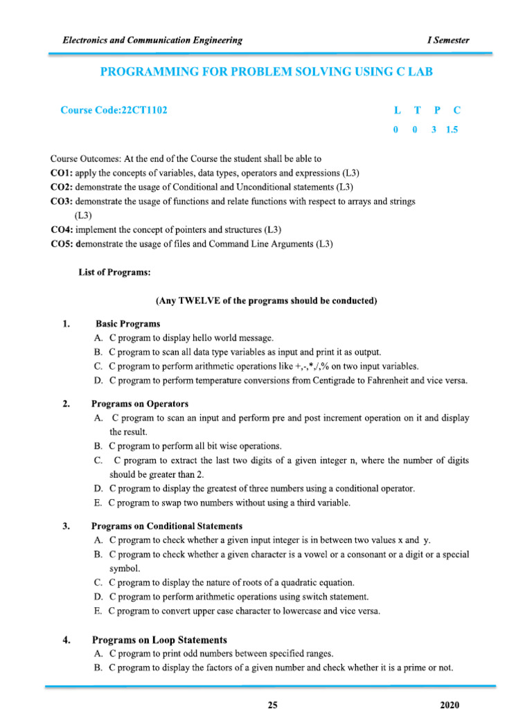 22ct1102programming For Problem Solving Using C Lab | PDF