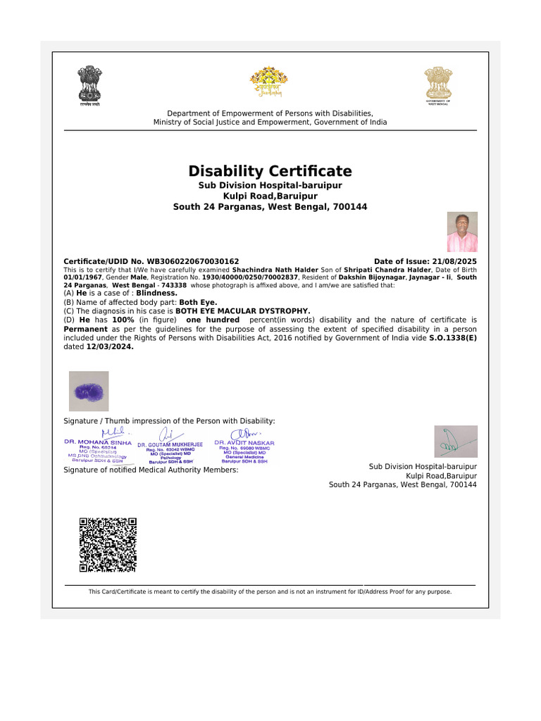 Disability Certificate for Blindness in India | PDF