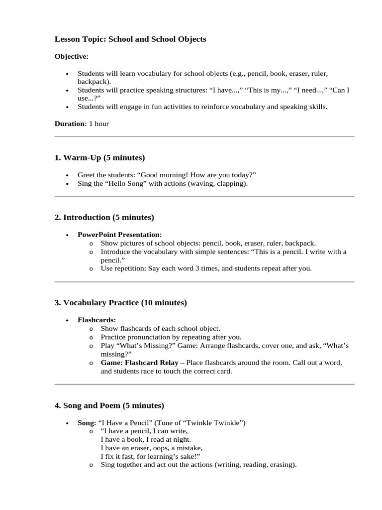 School Objects Lesson Plan | PDF | Flashcard | Learning