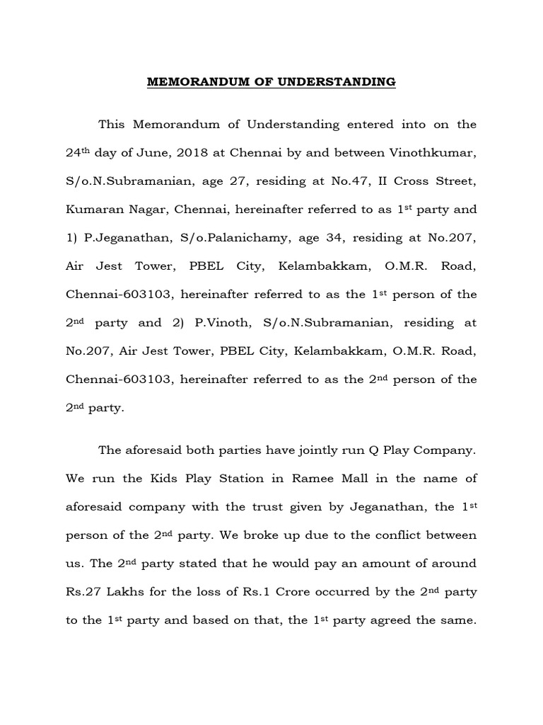 Memorandum of Understanding TRANSLATION | PDF | Chess Theory | Chess