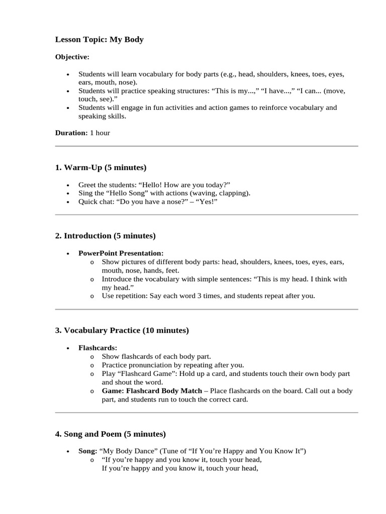 Lesson Plan My Body | PDF | Vocabulary