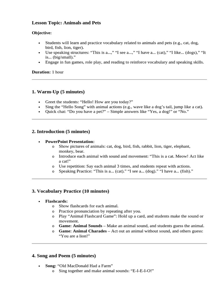 Lesson Plan Animals Pets | PDF