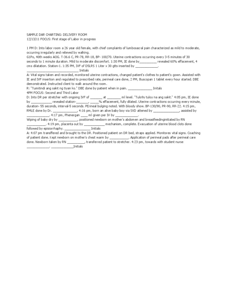 Sample Dar Charting | PDF | Childbirth | Human Reproduction