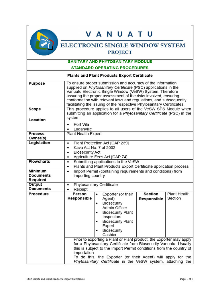 SPS SOP Plants and Plant Products Export Certificate - Vanatua | PDF