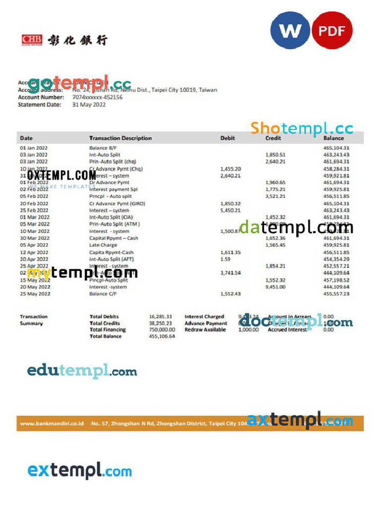 Doctempl - Taiwan Chang Hwa Bank Statement Template in Word and PDF ...