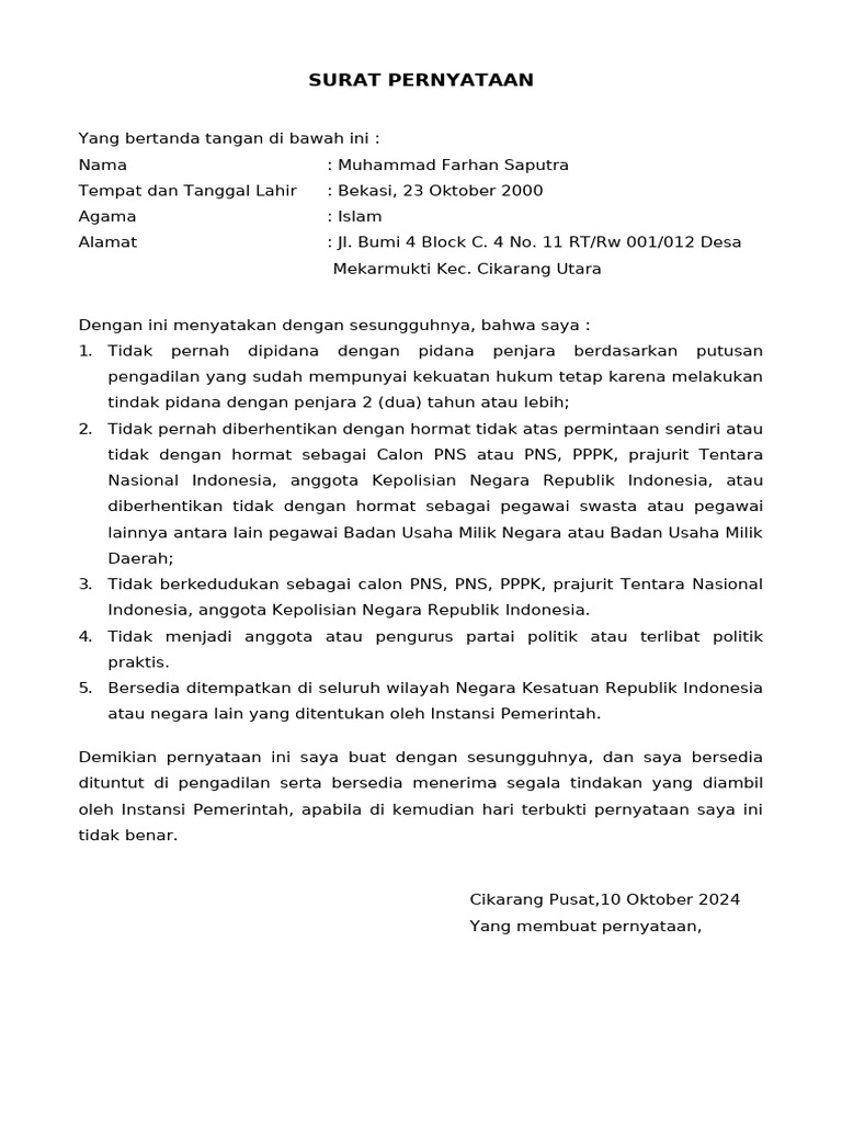 03.-Format Surat Pernyataan 5 Point PPPK 2024 | PDF