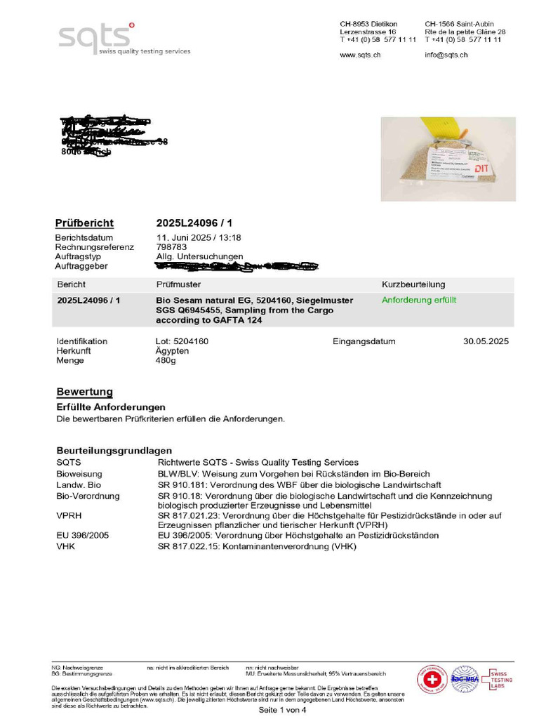 2025L24096-1 - Bio Sesam Natural EG, 5204160, Siegelmuster SGS Q6945455 ...