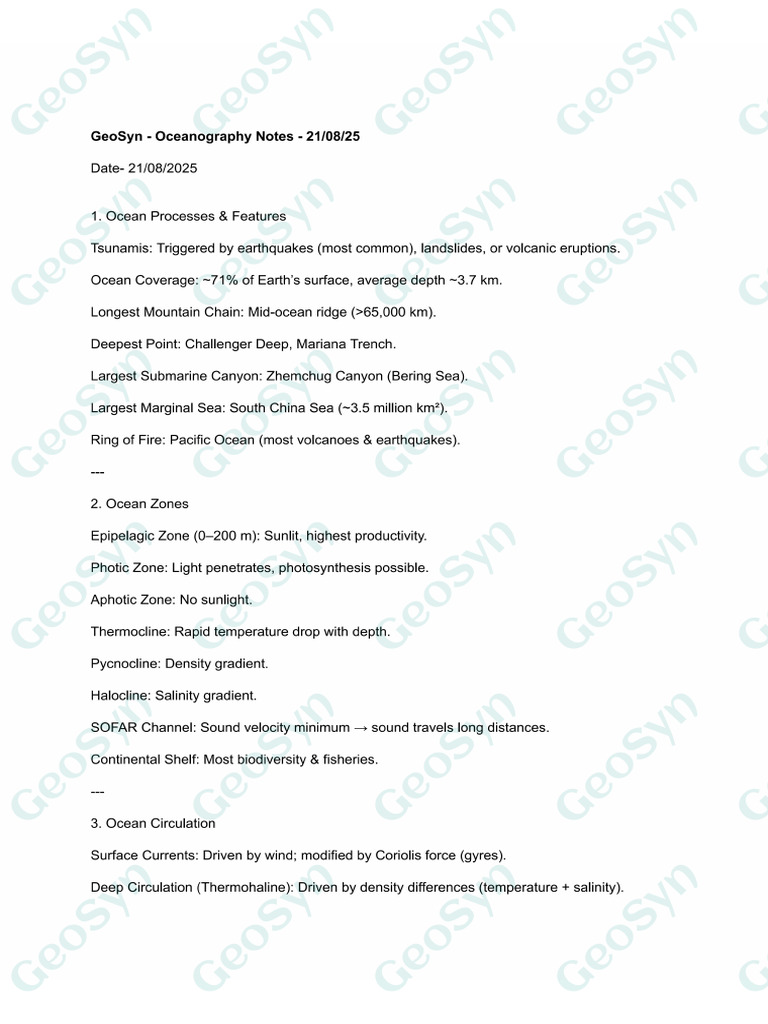 GeoSyn - Oceanography Notes - 21-08-25 | PDF