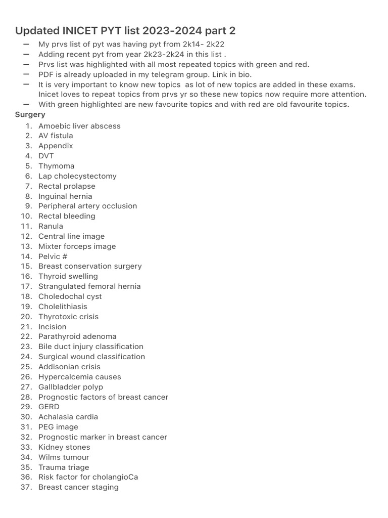 Updated INICET PYT List 2023-2024 | PDF | Ovarian Cancer | Cancer