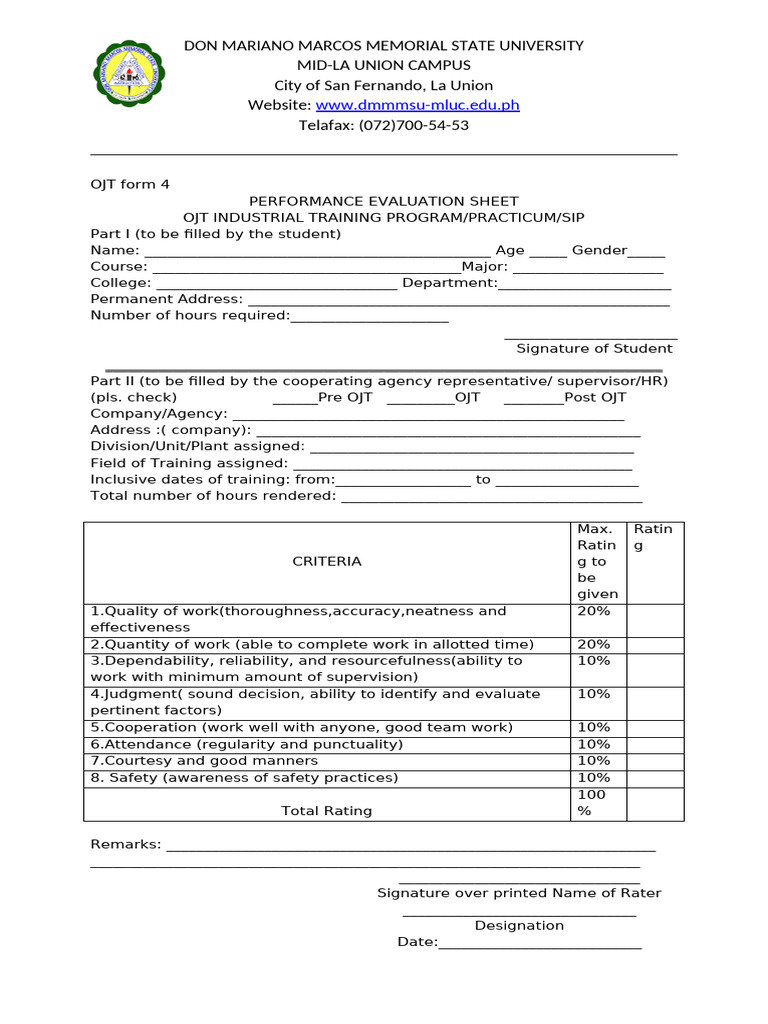 Performance Evaluation SheetOJT | PDF | Performance Appraisal | Chess Theory