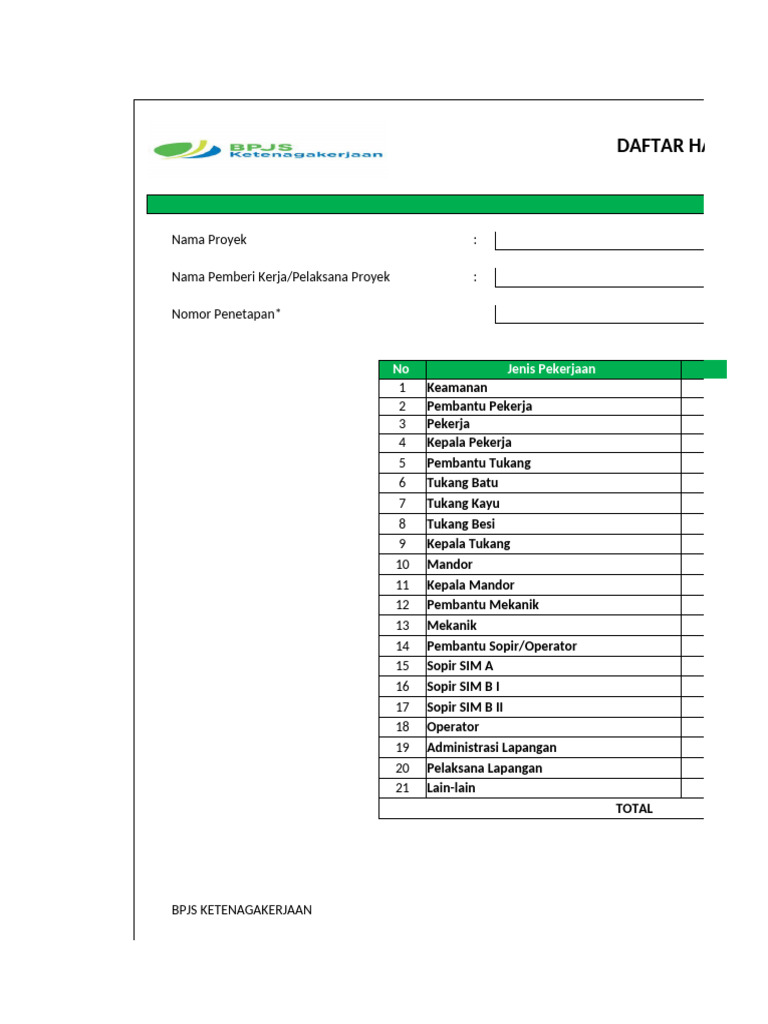 Form 1a Daftar Harga Satuan Upah Kerja | PDF