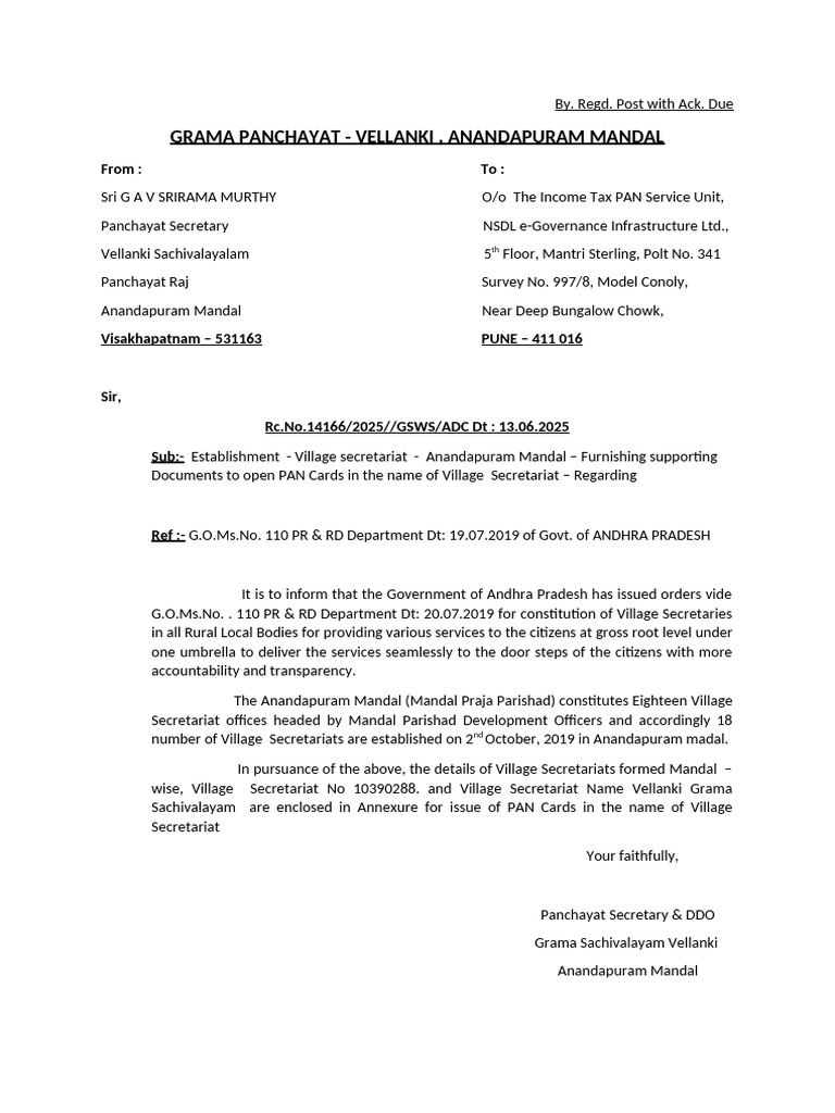 Pan Card Letter Vellanki | PDF | Government Of India