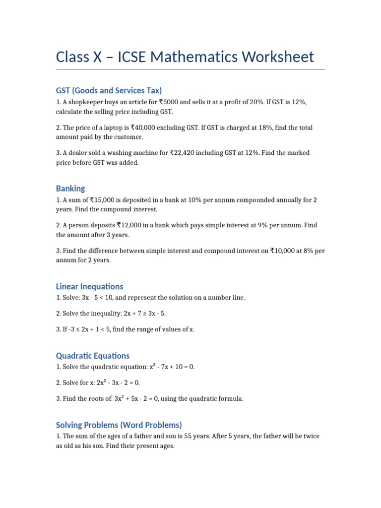 ICSE Class X Mathematics Worksheet | PDF