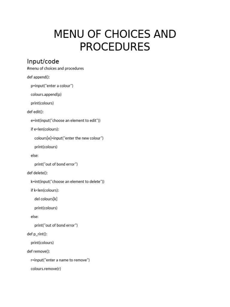 Menu of Choices and Procedures | PDF | Computer Programming | Software ...