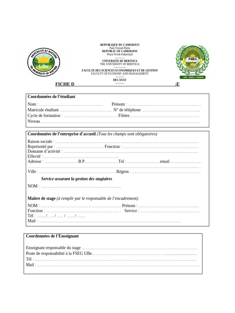 Fi Fiche de Renseignement Pour Le Suivi Du Stage Acdemique 2025 | PDF