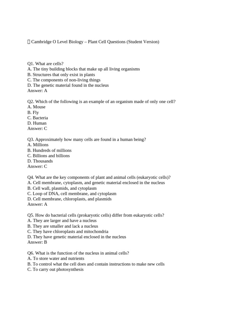 Plant Cell Biology Quiz and Answers | PDF | Cell (Biology) | Prokaryote