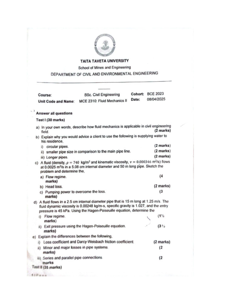 Fluid Mechanics II - Exam Paper | PDF