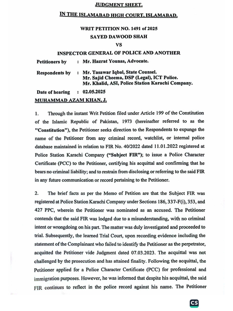 Police Certificate Judgment by IHC | PDF