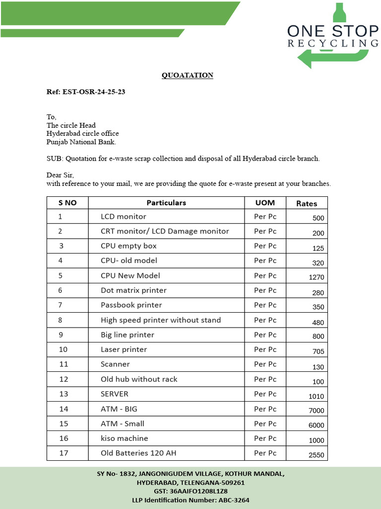 E-Waste Scrap Collection Quotation | PDF | Input/Output | Computing