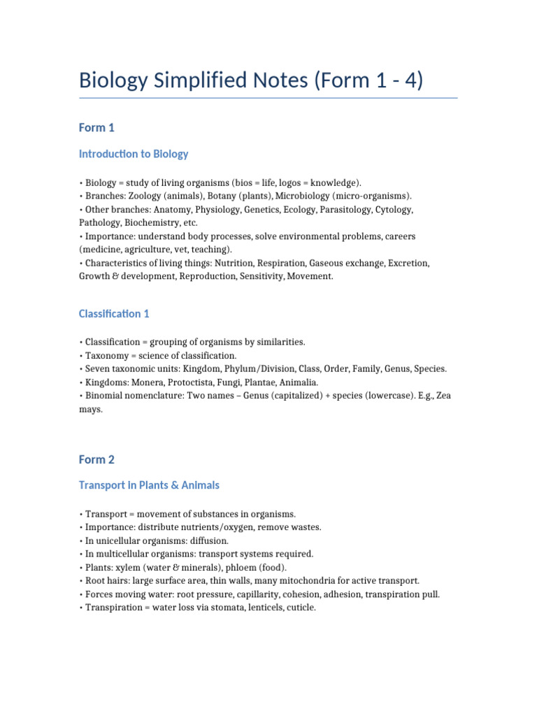 Biology Simplified Notes: Forms 1-4 | PDF | Dominance (Genetics) | Zygosity
