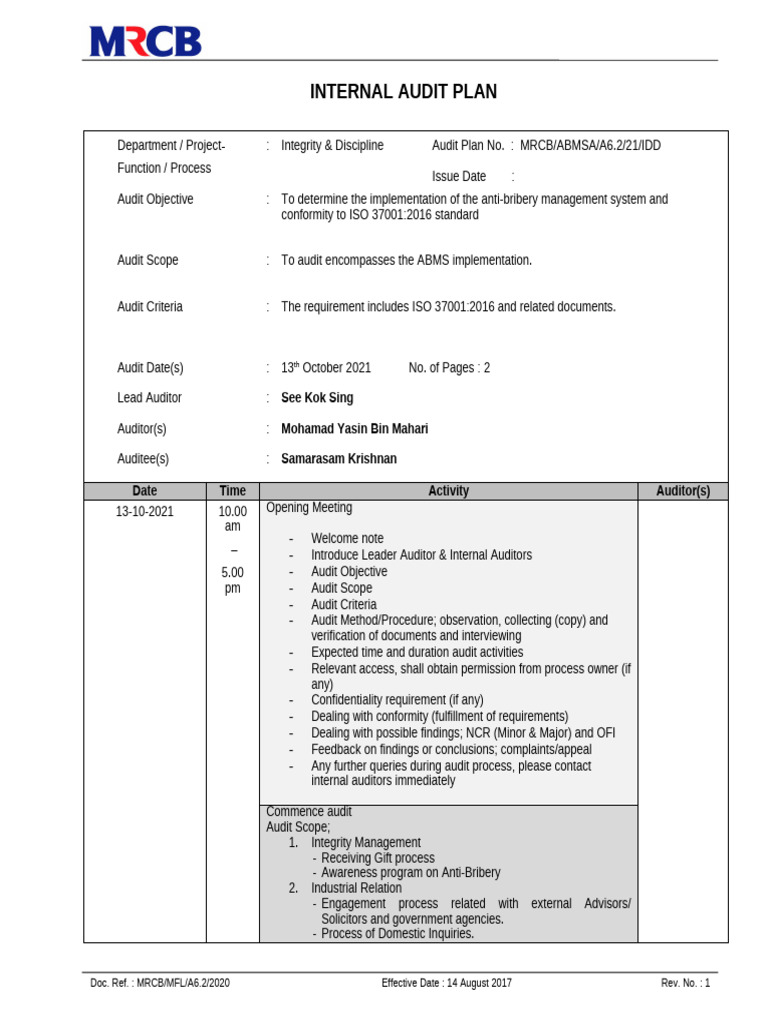 Anti-Bribery Audit Plan ISO 37001 | PDF | Audit | Internal Audit