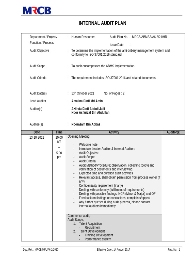 HR Internal Audit Plan for ISO 37001 | PDF | Audit | Internal Audit